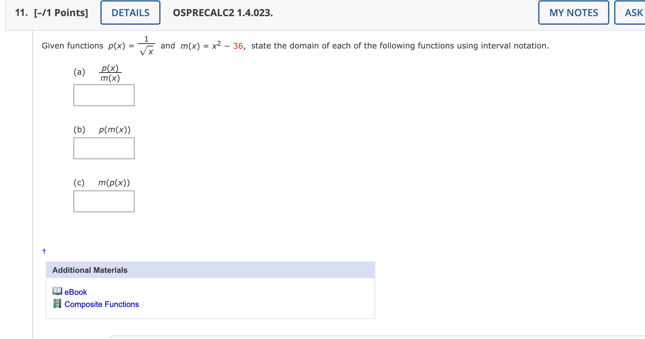 Solved Given functions p(x)=x1 and m(x)=x2−36, state the | Chegg.com