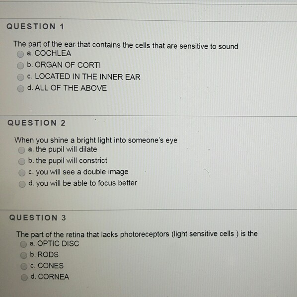 Solved QUESTION 1 The part of the ear that contains the | Chegg.com