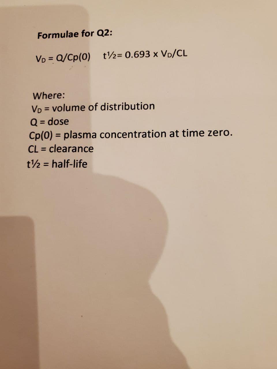 Solved Formulae for Q2: Vo = Q/Cp(0) t1/2= 0.693 x Vp/CL | Chegg.com