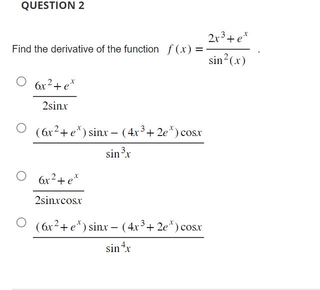 Solved the derivative of the function f(x)=sin2(x)2x3+ex. | Chegg.com