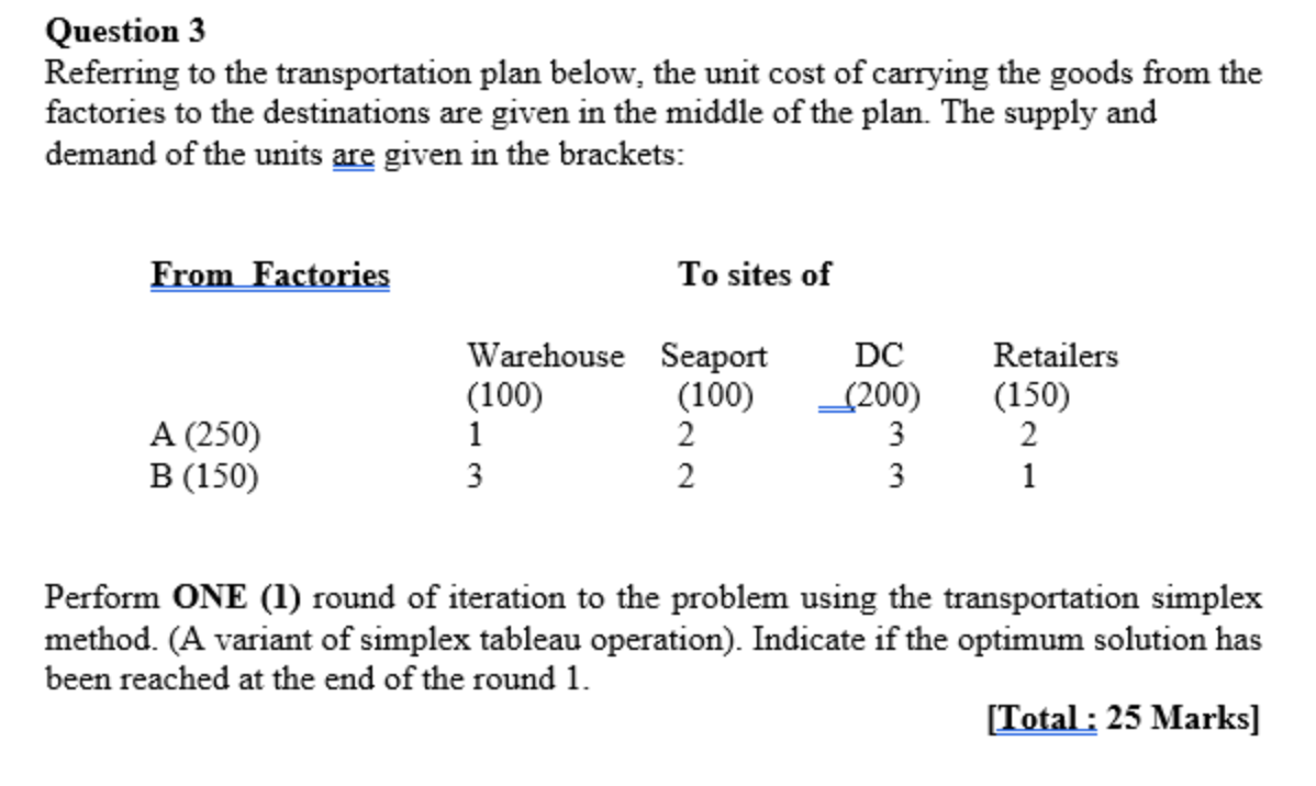 Solved Question 3 Referring to the transportation plan | Chegg.com