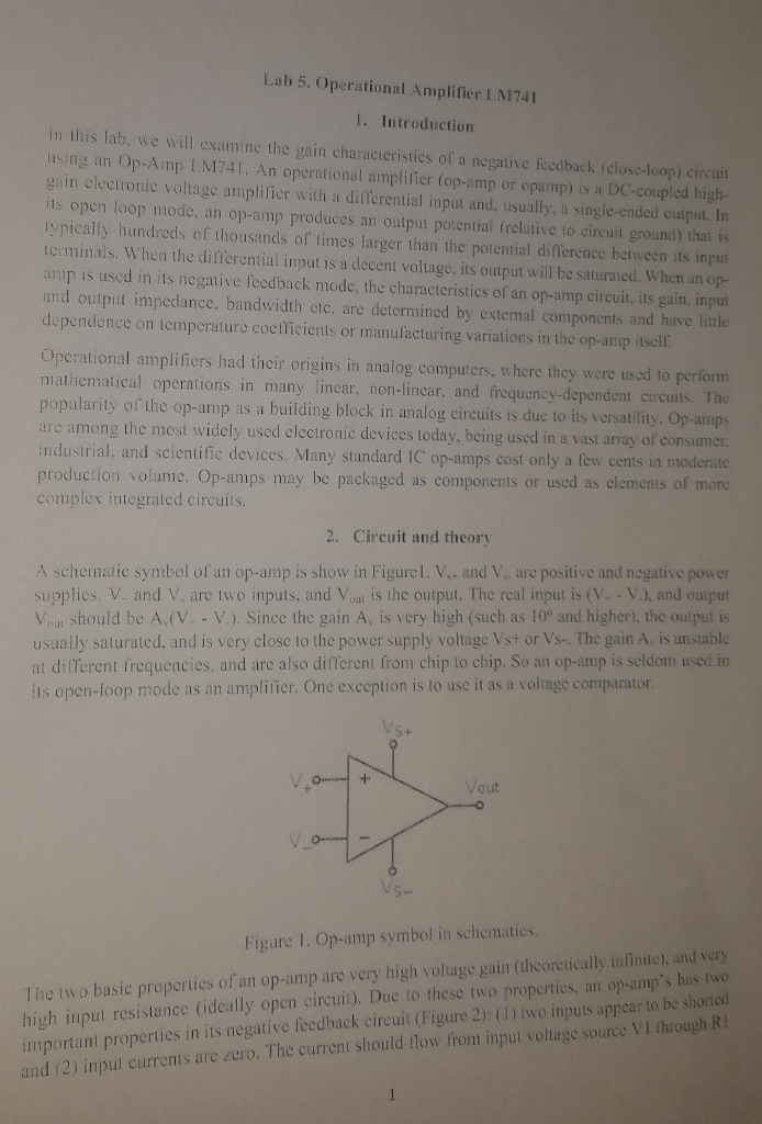 Solved Lab 5. Operational Amplifier M741 1. Introduction in | Chegg.com