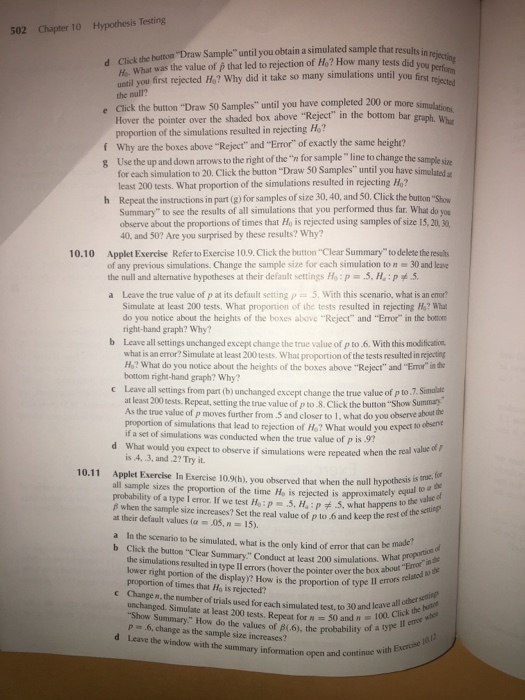 Solved 0 Chapter 10 Hypothesis lejt Exercises 10.59 Applet | Chegg.com