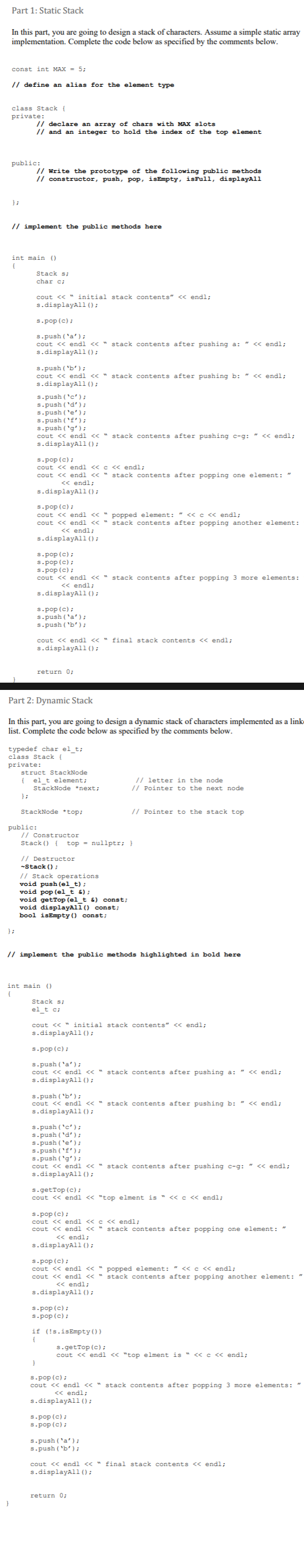 Part 1: Static Stack In this part, you are going to | Chegg.com