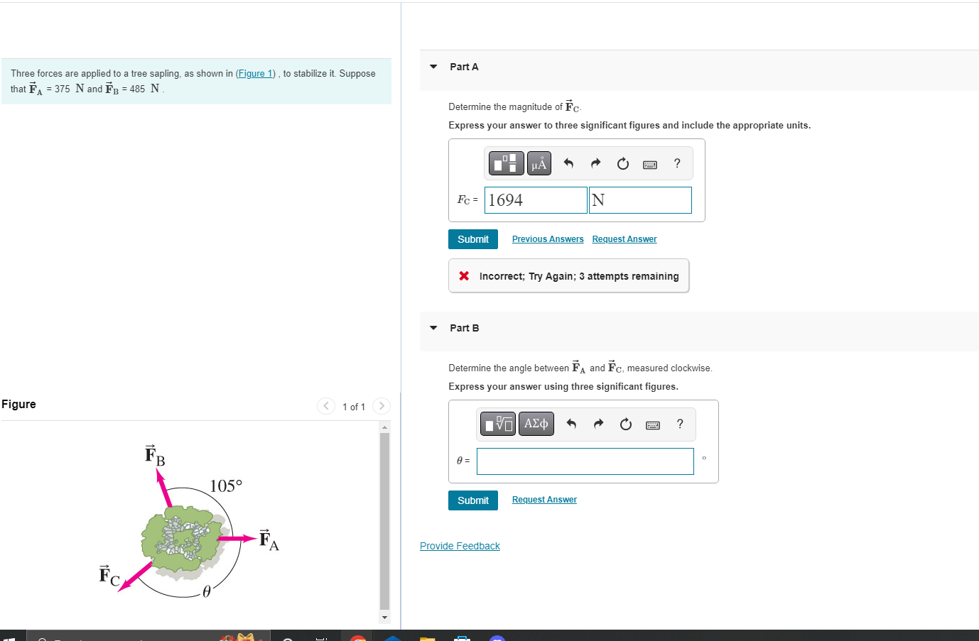 Solved Three forces are applied to a tree sapling, as shown | Chegg.com