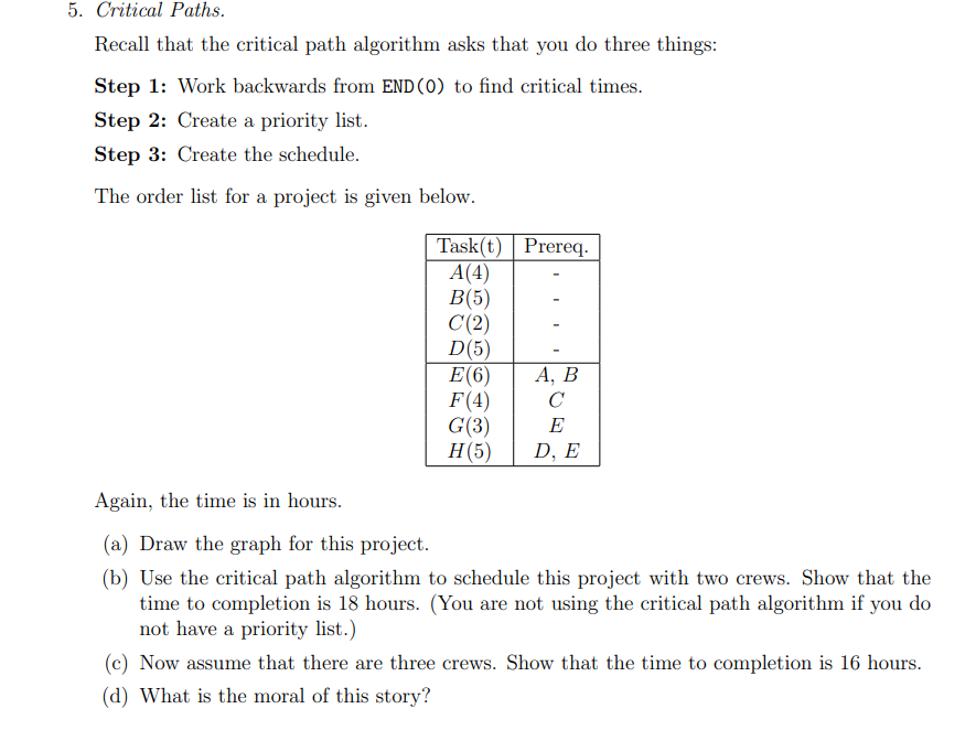 5. Critical Paths. Recall that the critical path | Chegg.com