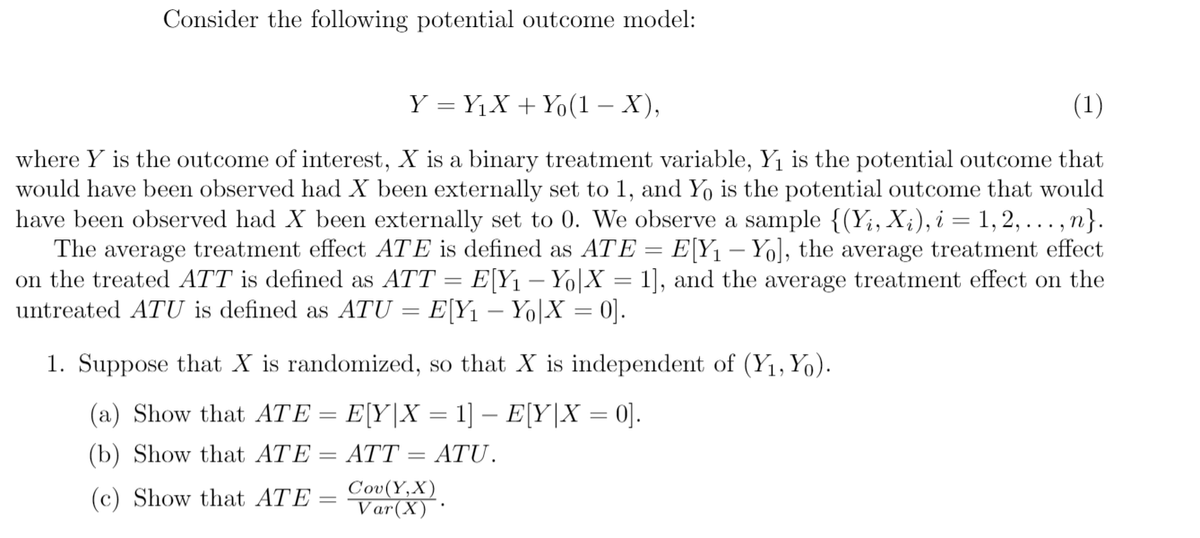 Consider the following potential outcome model: Y = | Chegg.com