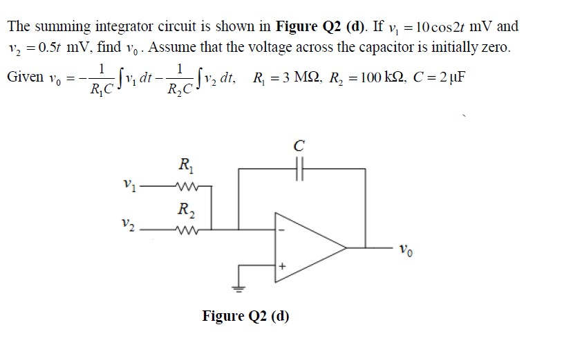 Solved The summing integrator circuit is shown in Figure Q2 | Chegg.com