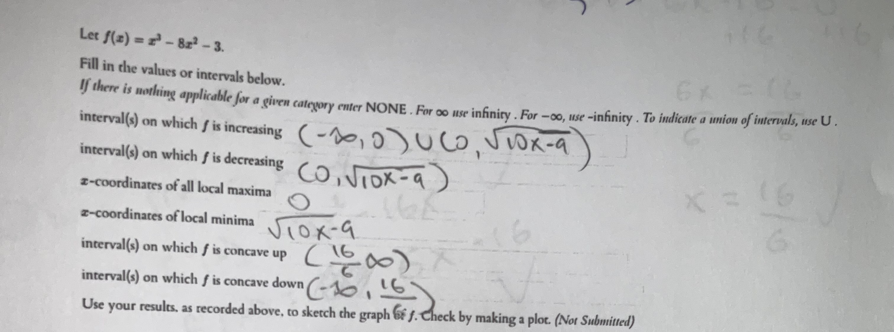 Solved Let f(x)=x3−8x2−3 Fill in the values or intervals | Chegg.com