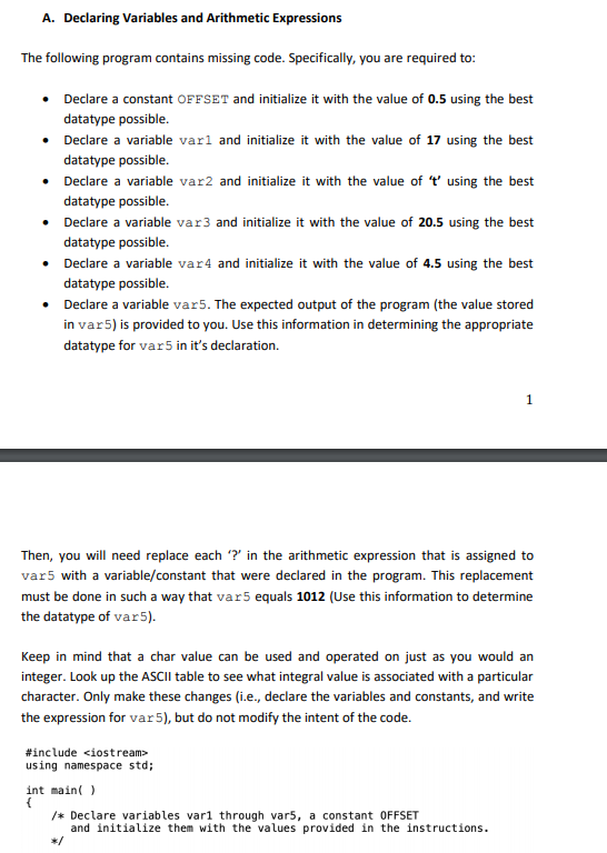 Solved A. Declaring Variables and Arithmetic Expressions The | Chegg.com