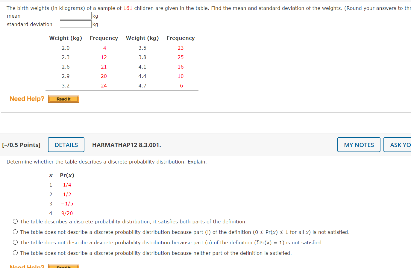 Solved The birth weights (in kilograms) of a sample of 161 | Chegg.com