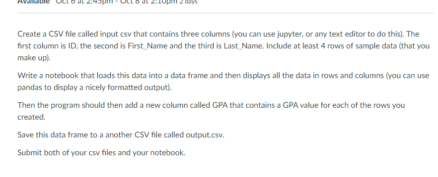 Solved 2.10pm 2 days Create a CSV file called input csv that | Chegg.com