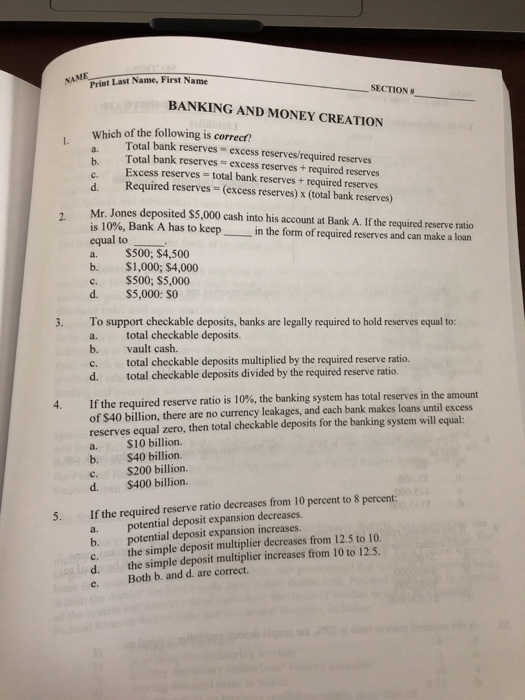 Solved NAME Print Last Name, First Name SECTION # BANKING | Chegg.com