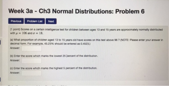 Solved Week 3a -Ch3 Normal Distributions: Problem 6 Previous | Chegg.com
