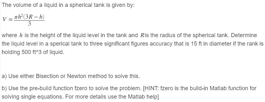 Solved The volume of a liquid in a spherical tank is given | Chegg.com