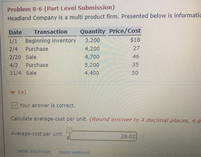 Solved Problem 8-6 (Part Level Submission) Headland Company | Chegg.com