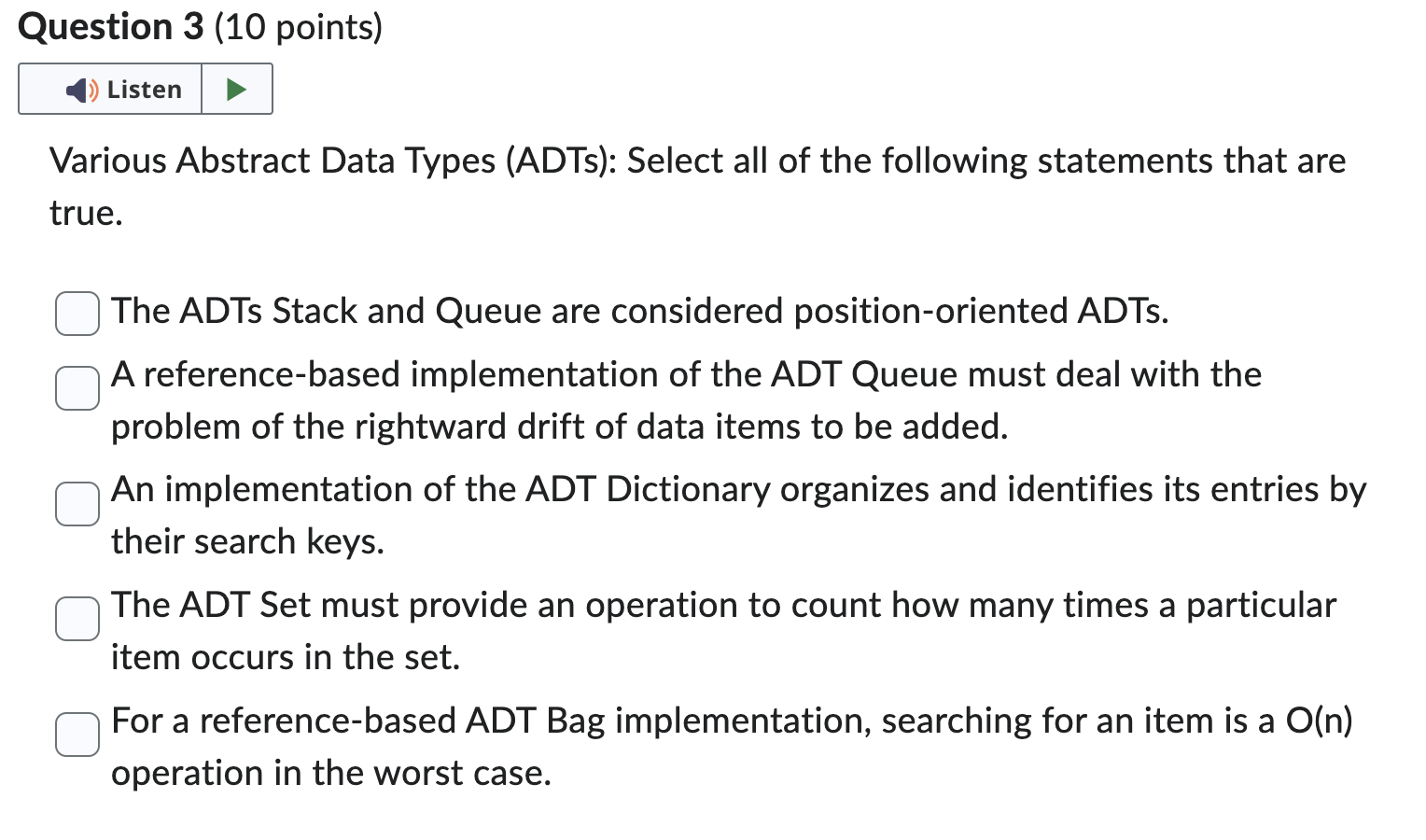 Solved Various Abstract Data Types (ADTs): Select all of the | Chegg.com Solved Various Abstract Data Types (ADTs): Select all of the | Chegg.com