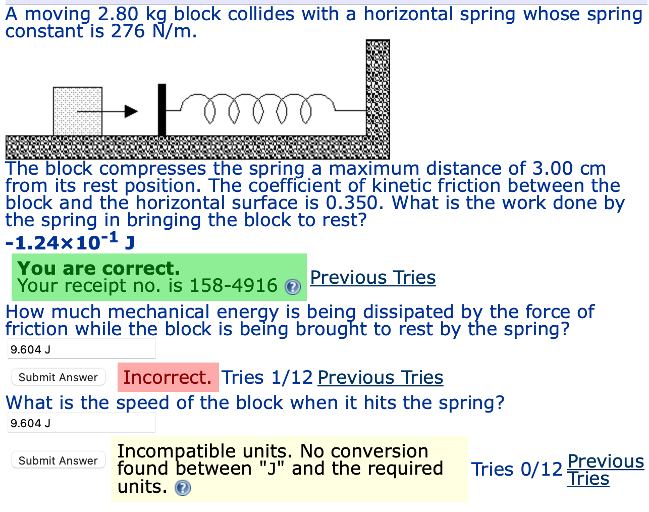 Solved A moving 2.80 kg block collides with a horizontal | Chegg.com