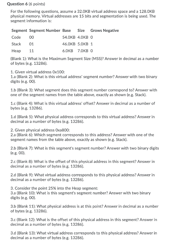 Solved Question 6 (6 points) For the following questions, | Chegg.com