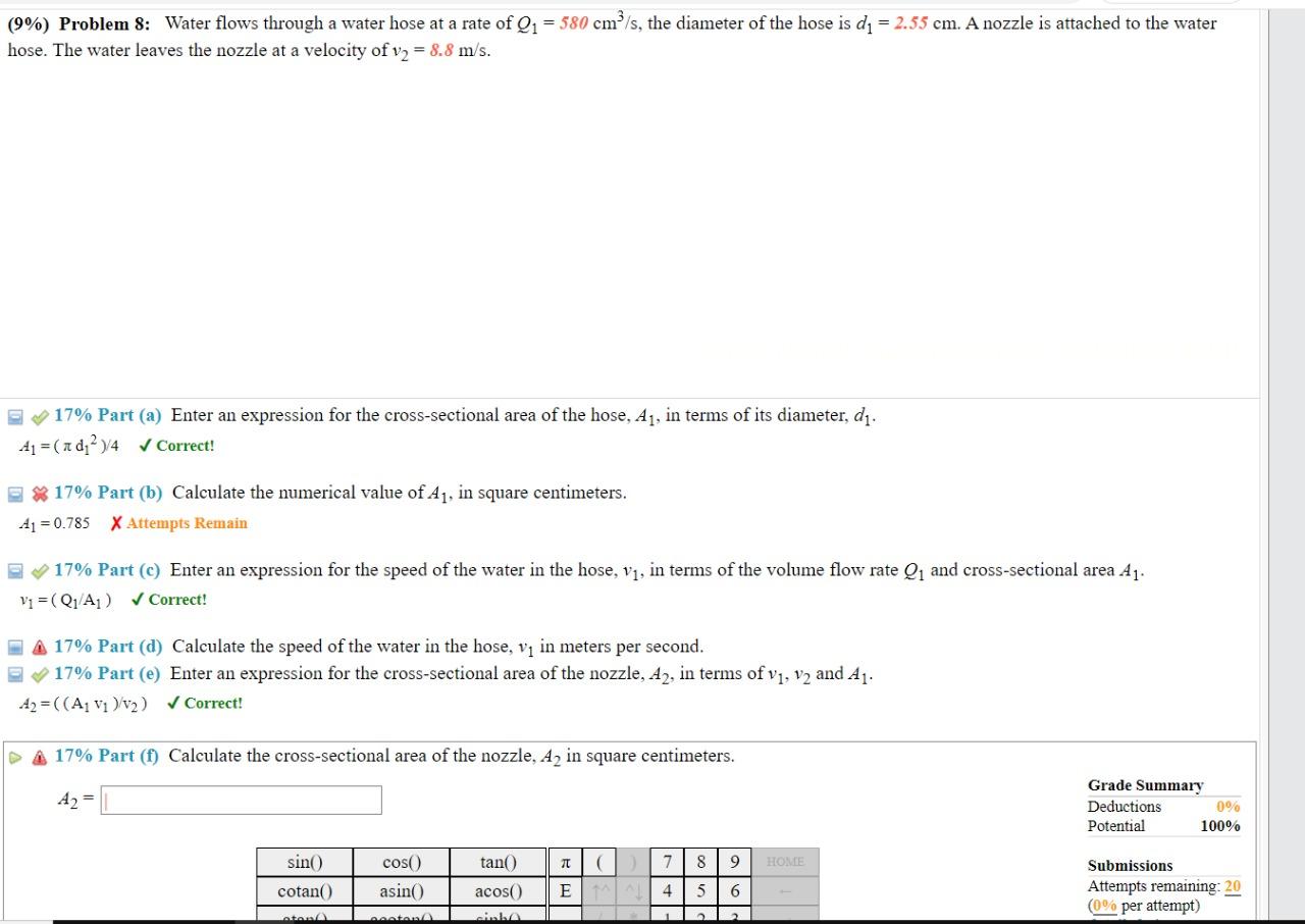 Solved (9\%) Problem 8: Water flows through a water hose at | Chegg.com