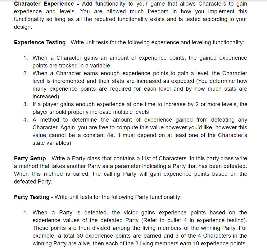 Character Experience - Add functionality to your game | Chegg.com