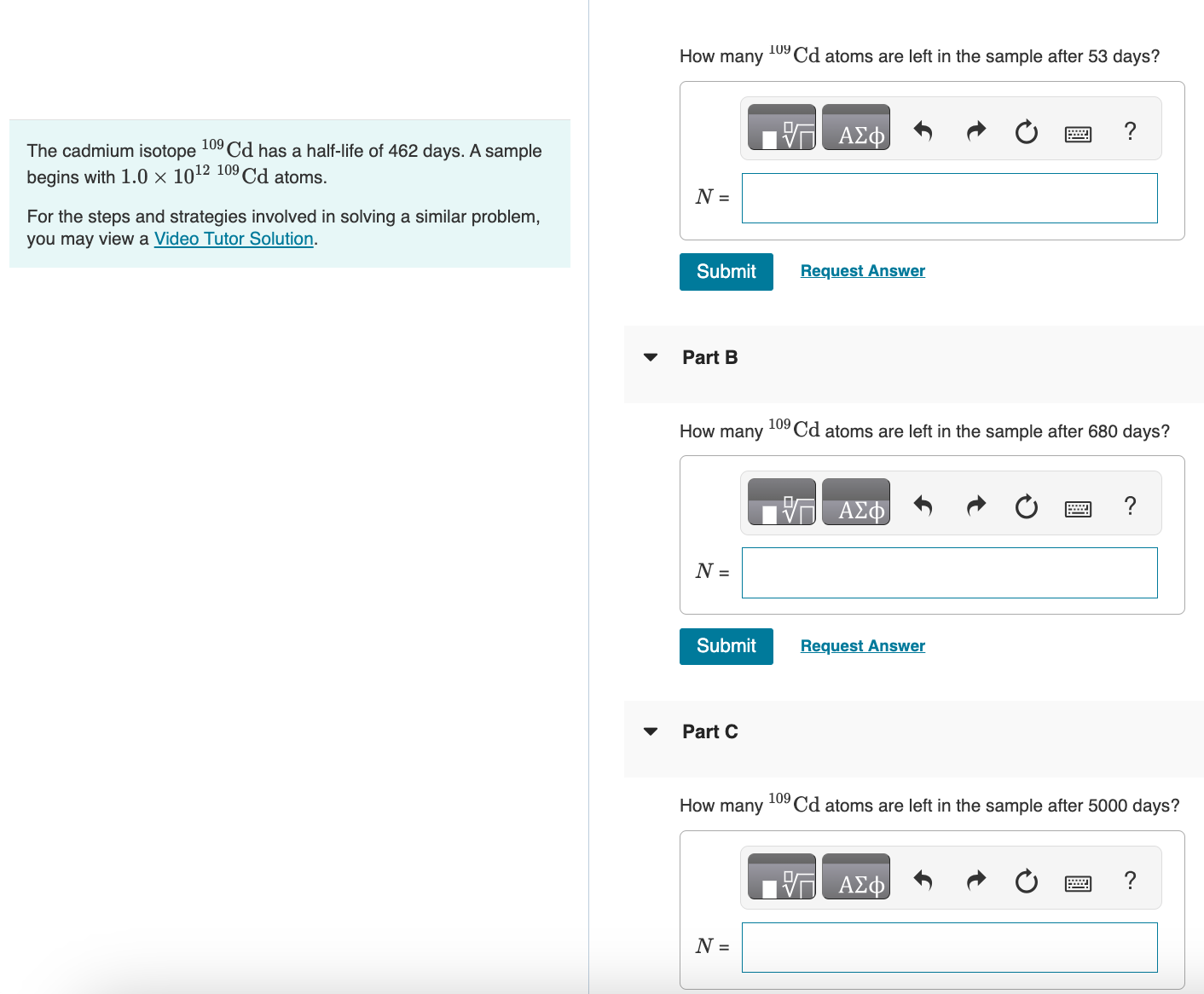Solved How many 109Cd atoms are left in the sample after 53 | Chegg.com