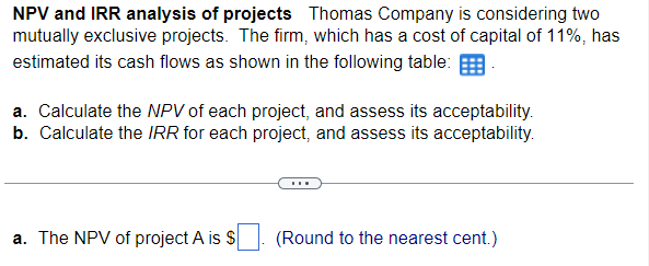 Solved NPV and IRR analysis of projects Thomas Company is | Chegg.com