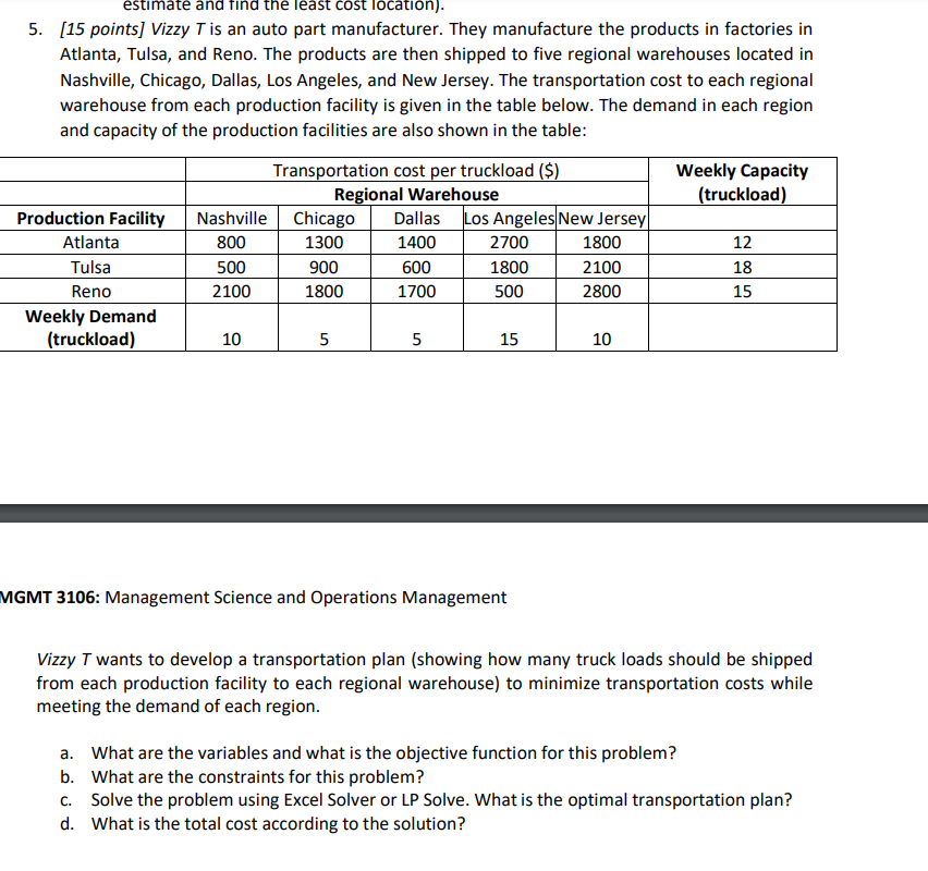 Solved 5. [15 points] Vizzy T is an auto part manufacturer. | Chegg.com
