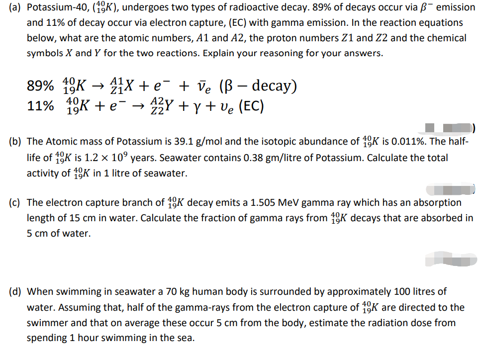 Solved (a) Potassium-40, (19K), undergoes two types of | Chegg.com