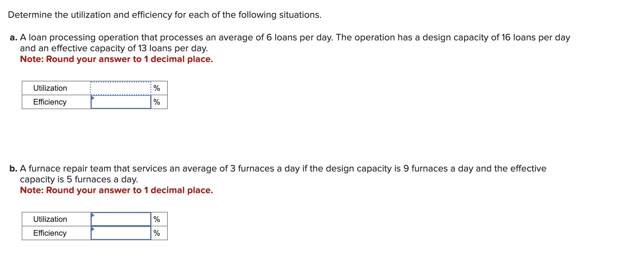 Solved Determine the utilization and efficiency for each of | Chegg.com