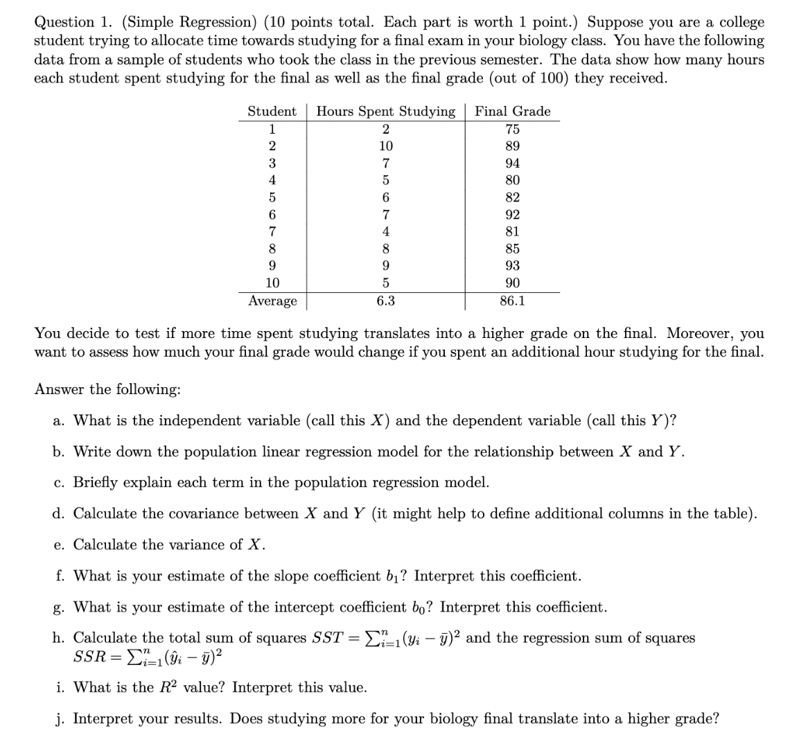 Solved Question 1. (Simple Regression) (10 points total. | Chegg.com