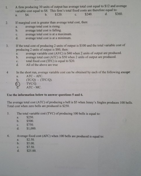 Solved 1. A firm producing 30 units of output has average | Chegg.com