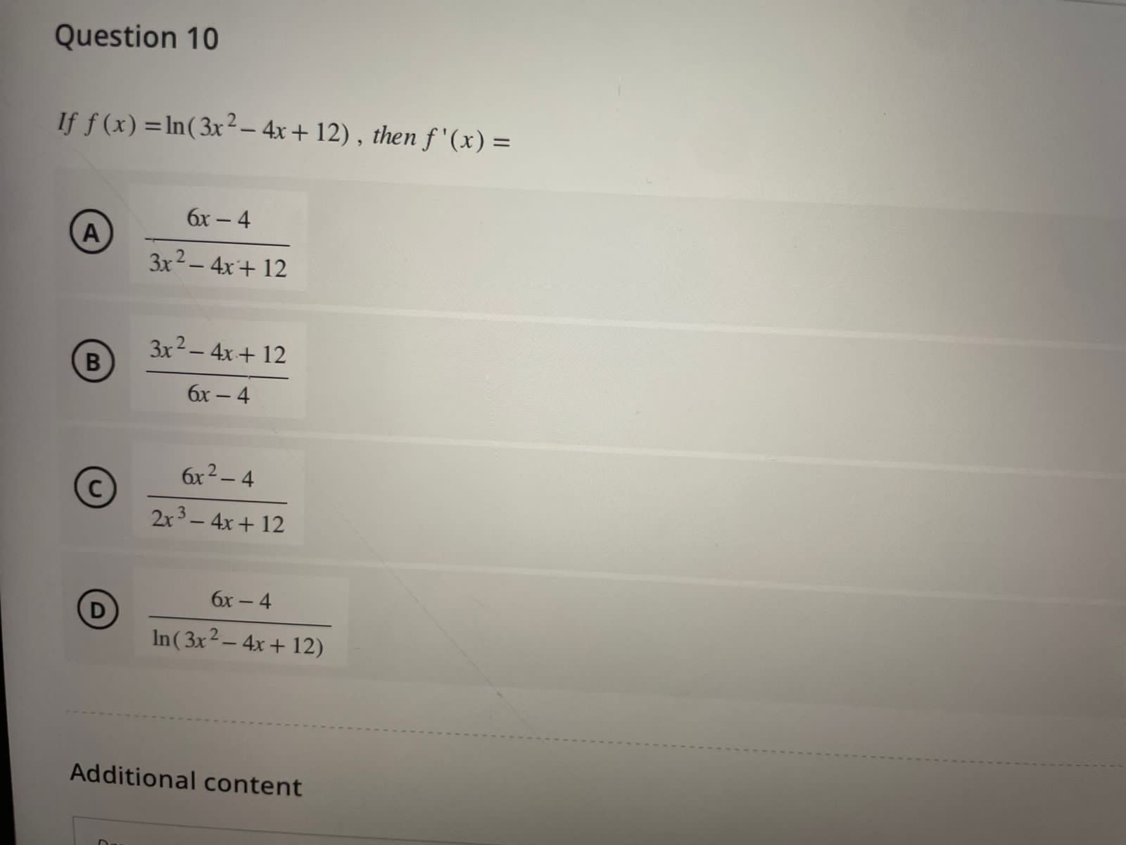 Solved Question 10If f(x)=ln(3x2-4x+12), ﻿then | Chegg.com