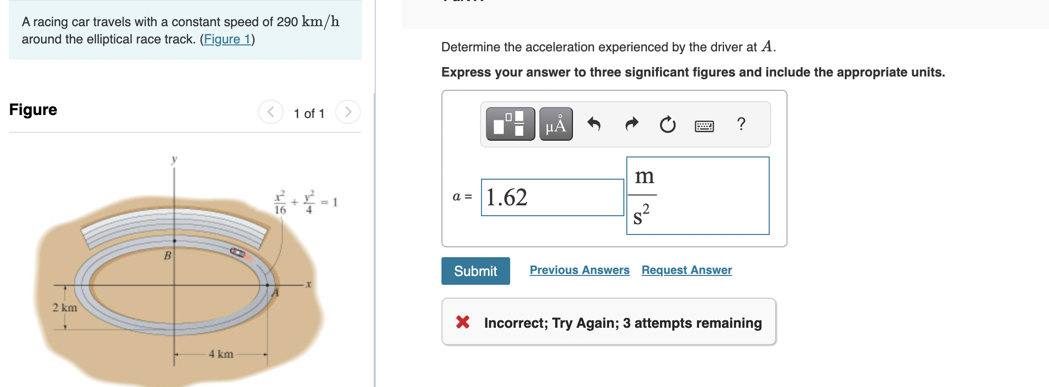 Solved A racing car travels with a constant speed of 290 | Chegg.com