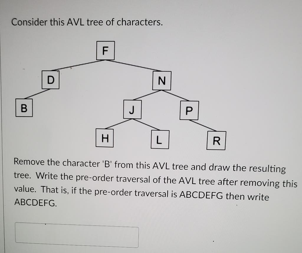 Solved Consider this AVL tree of characters. F D N B J Р H L | Chegg.com