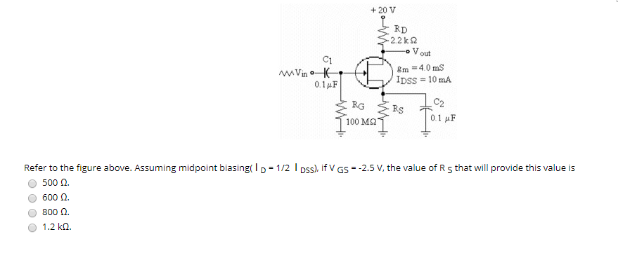Solved + 20 V IRD 2.2k2 - Vout Vin 8m = 4.0 ms IDSS = 10 mA | Chegg.com