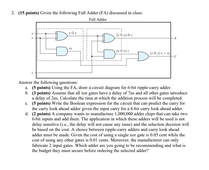 Solved 2. (15 points) Given the following Full Adder (FA) | Chegg.com