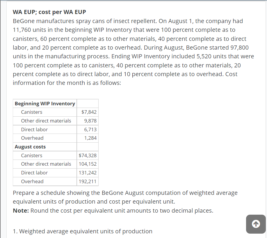 Solved WA EUP; cost per WA EUP BeGone manufactures spray | Chegg.com