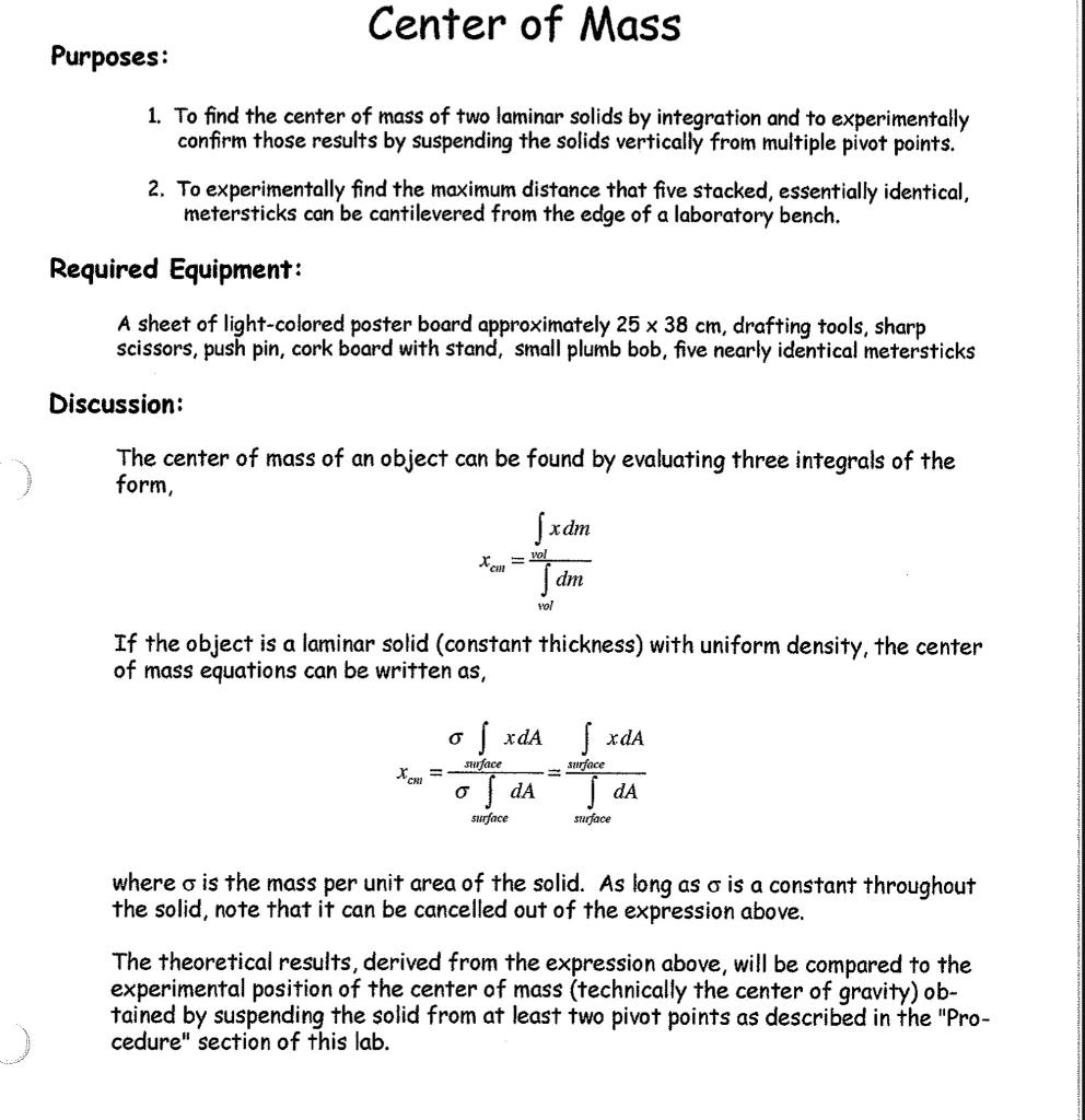 Solved Center of Mass Purposes: 1. To find the center of | Chegg.com