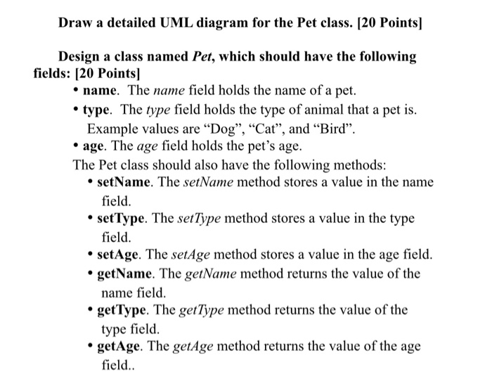 Solved Draw a detailed UML diagram for the Pet class. [20 | Chegg.com