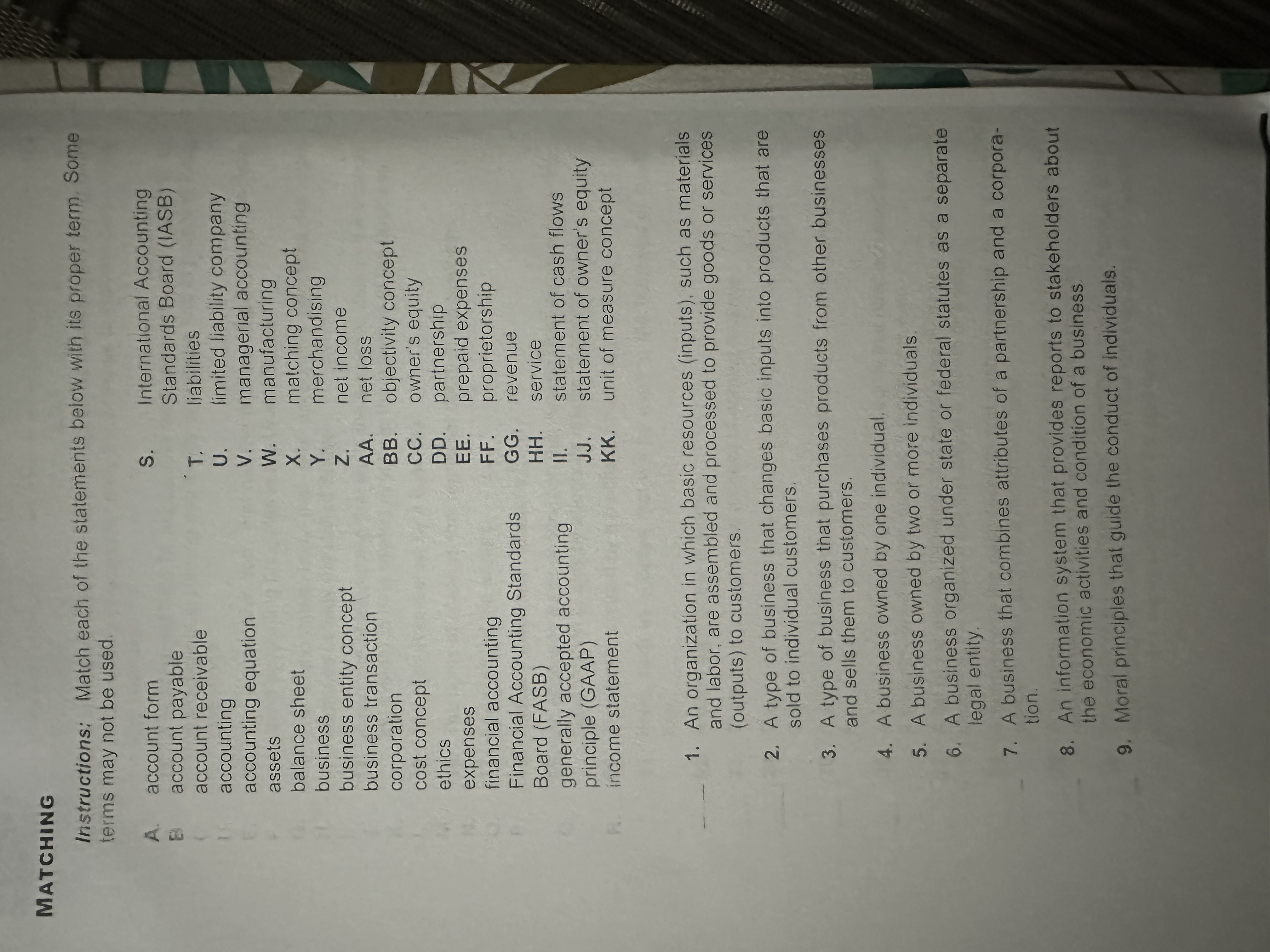 Solved MATCHING Instructions: Match each of the statements | Chegg.com