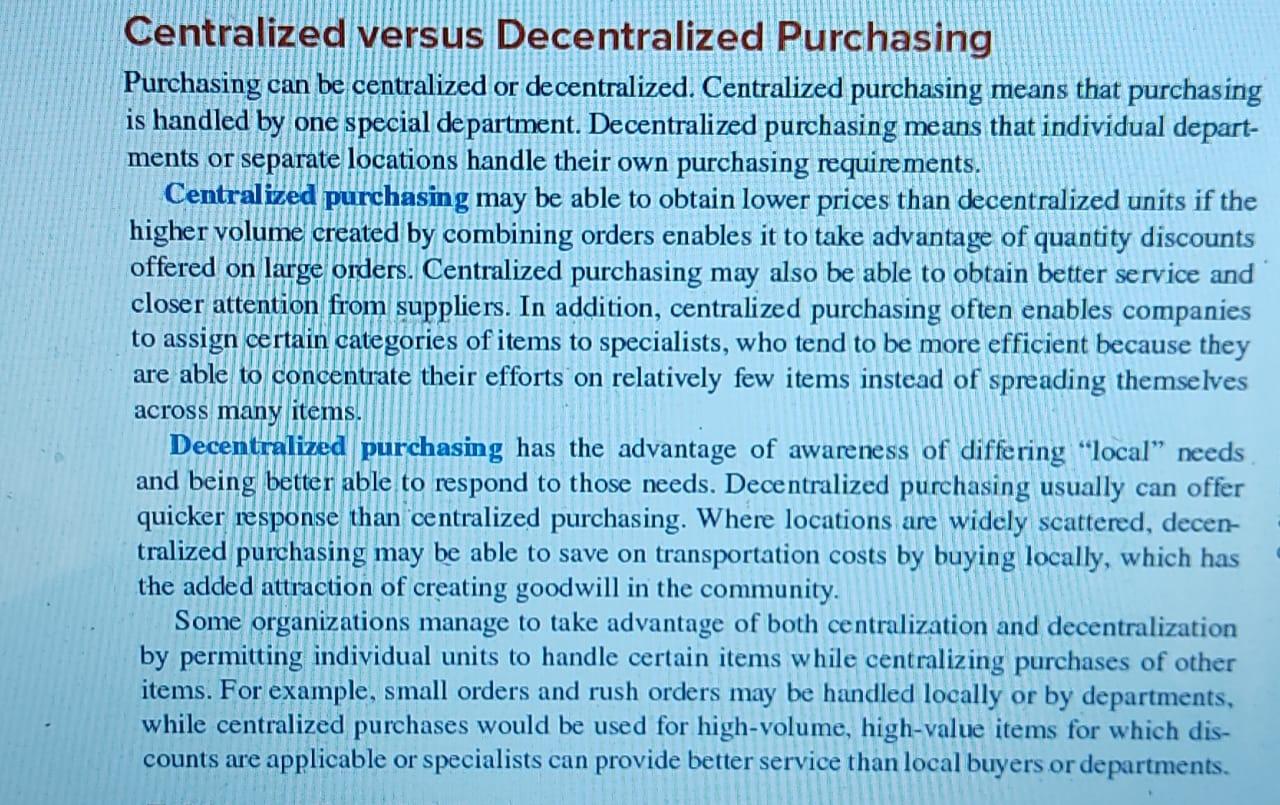 Solved Centralized versus Decentralized Purchasing | Chegg.com