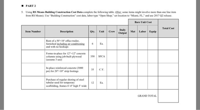 PART 2 5. Using RS Means Building Construction Cost | Chegg.com