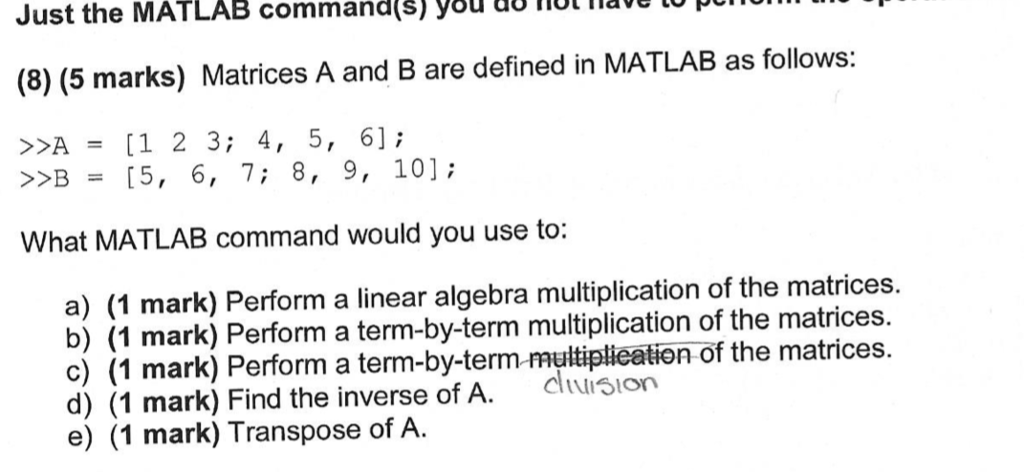 Solved Just the MATLAB command(s) you u (8) (5 marks) | Chegg.com