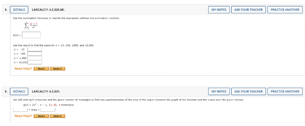 Solved 5 6. DETAILS LARCALC11 4.2.025.MI. Use the summation | Chegg.com