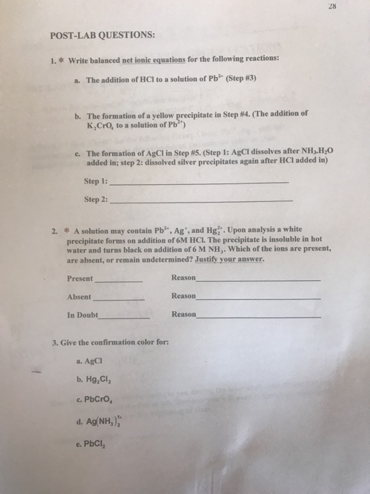 Solved 28 POST-LAB QUESTIONS: 1. Write balanced net ionic | Chegg.com