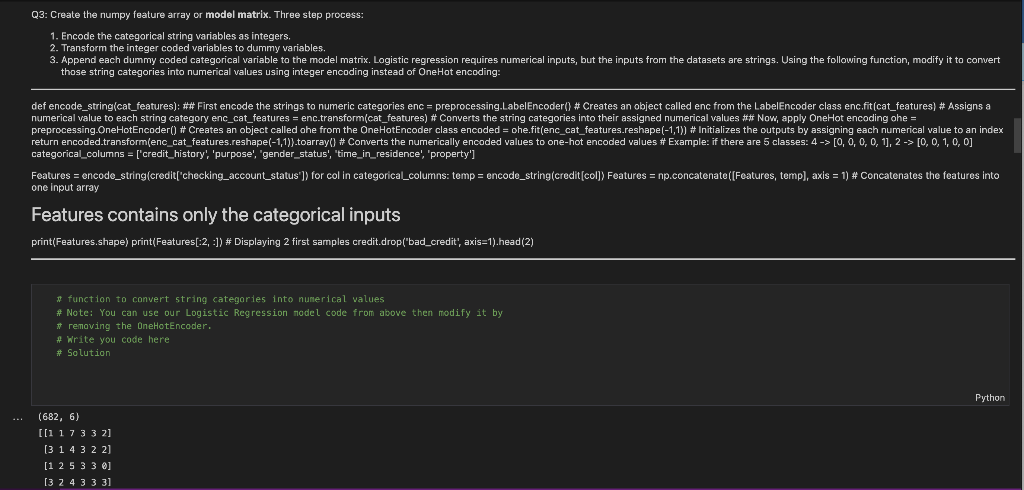 Q3: Create the numpy feature array or model matrix. | Chegg.com