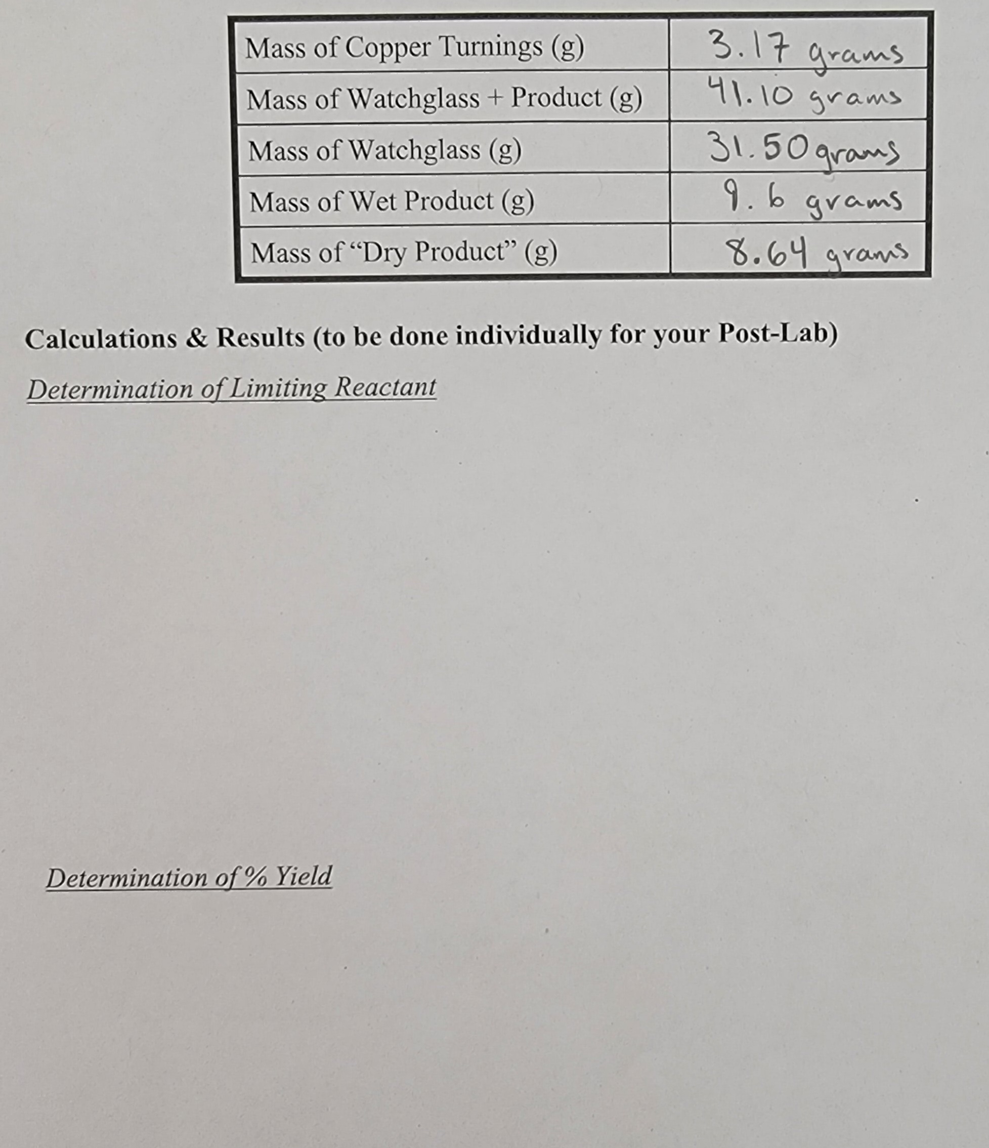 Solved Calculations \& Results (to be done individually for | Chegg.com