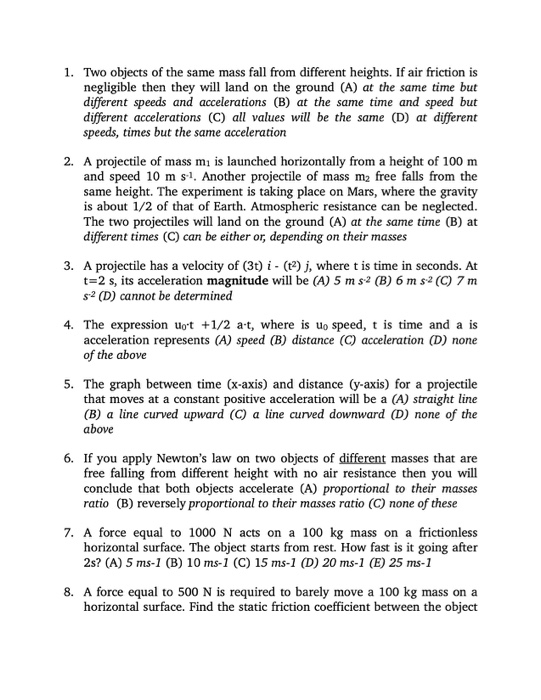 Solved 1. Two objects of the same mass fall from different | Chegg.com