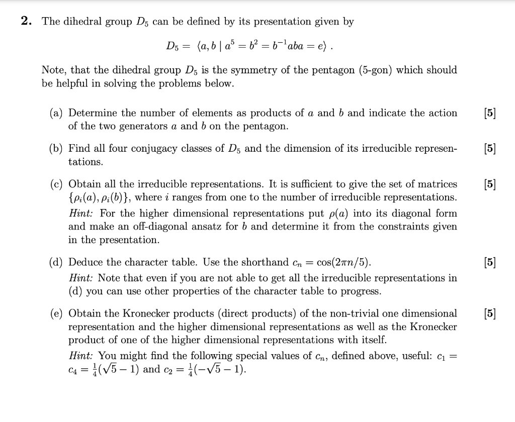 2. The dihedral group D5 can be defined by its | Chegg.com